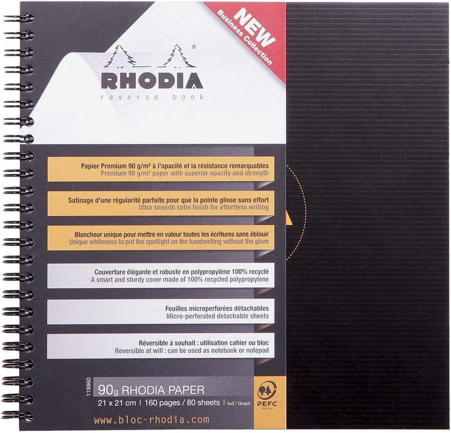 RHODIA REVERSE BOOK, BLACK, WIREBOUND, 5X5, 90G, 80SHEETS, 21X21 CM