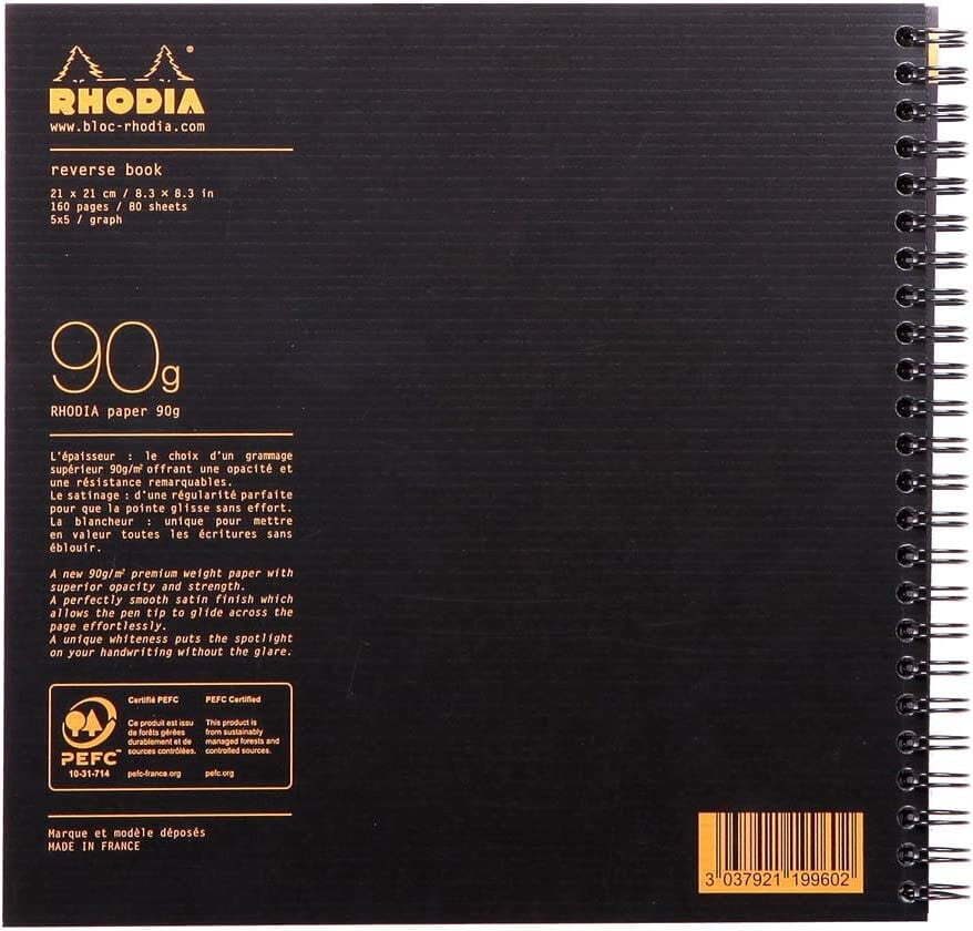 RHODIA REVERSE BOOK, BLACK, WIREBOUND, 5X5, 90G, 80SHEETS, 21X21 CM