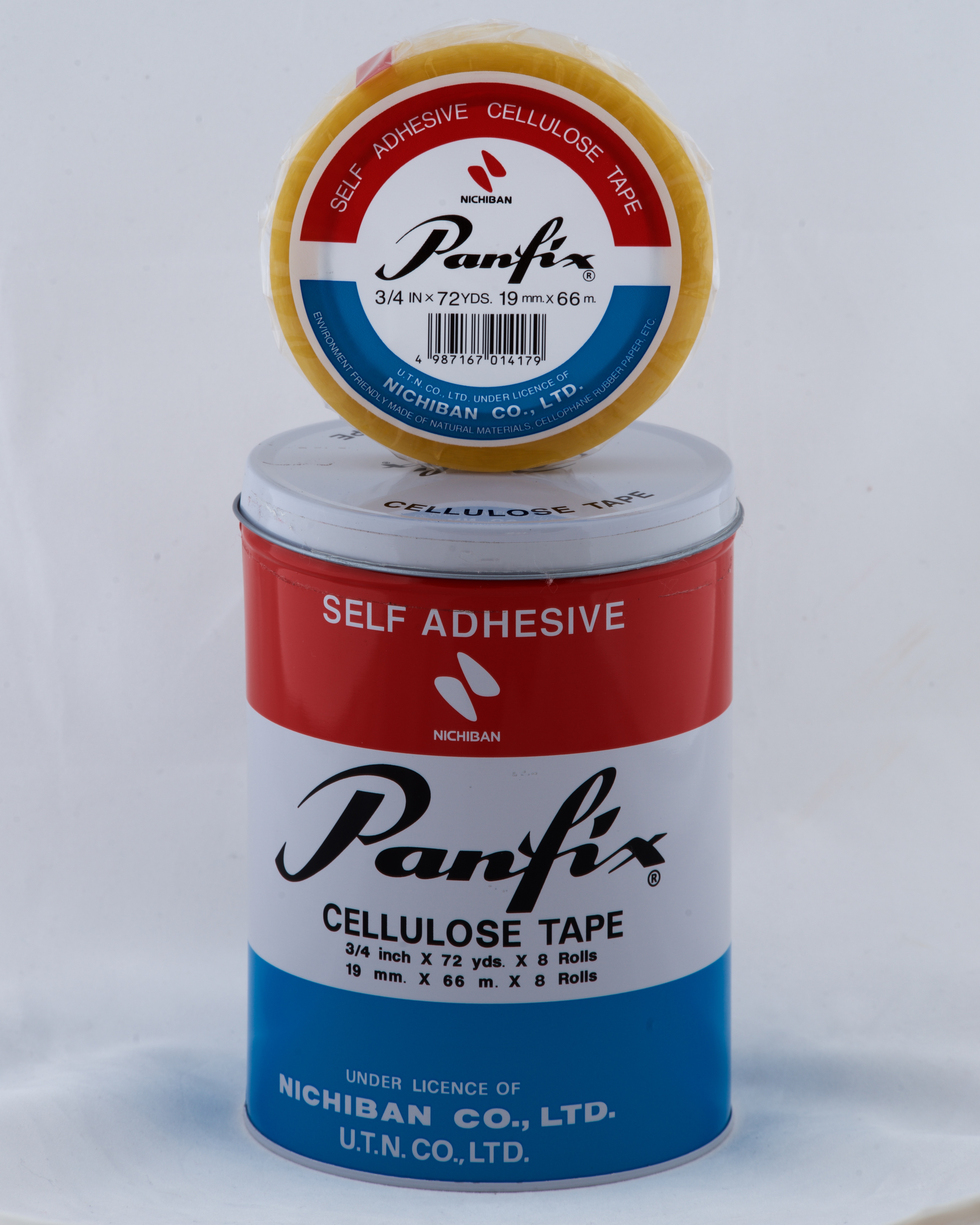 NICHIBAN PANFIX CELLULOSE TAPE CAN OF 6 ROLLS, ECO-FRIENDLY, 25mm X 66m
