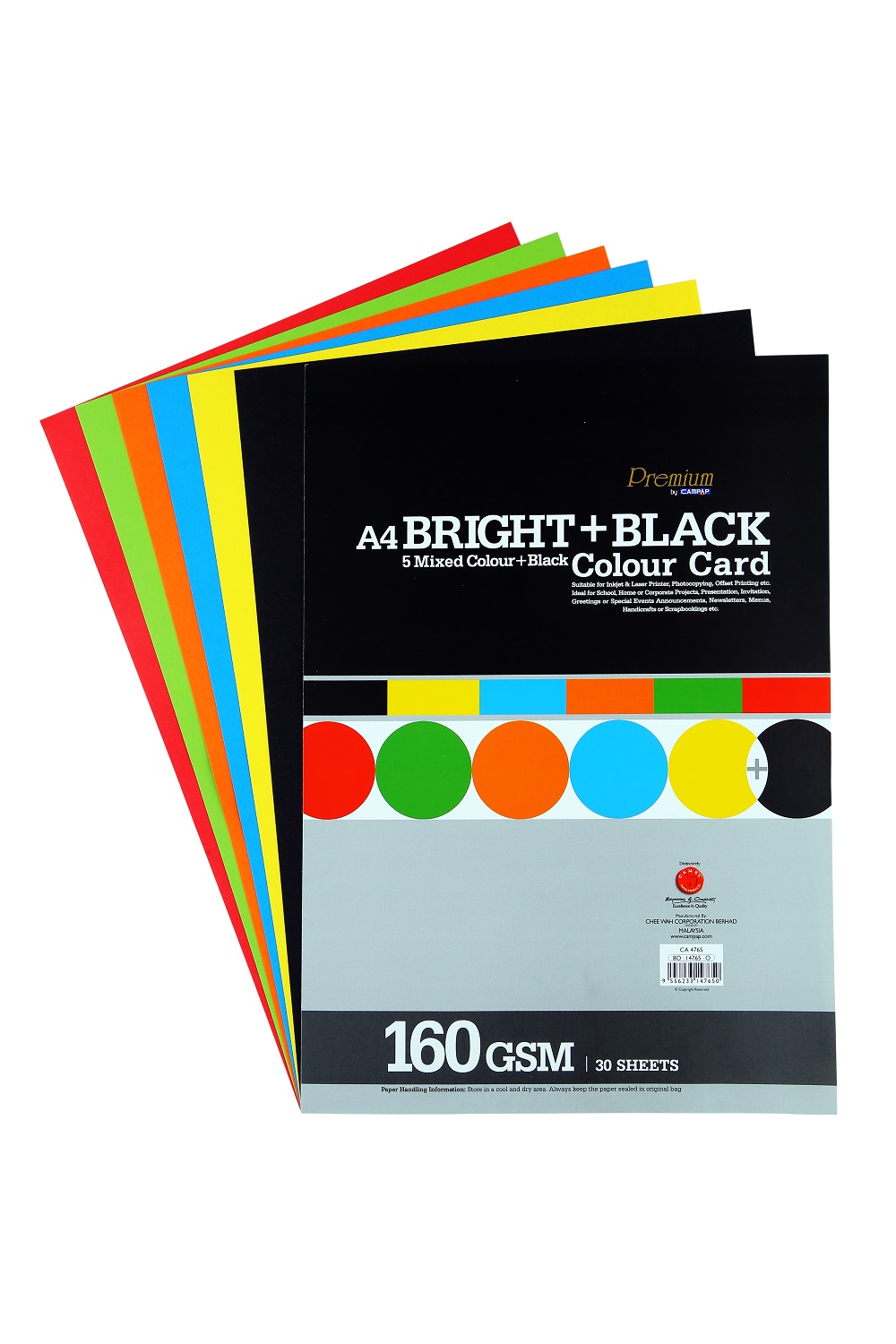 CAMPAP PREMIUM BRIGHT & BLACK COLOR PAPER PACK, 160GSM, A4, 30S