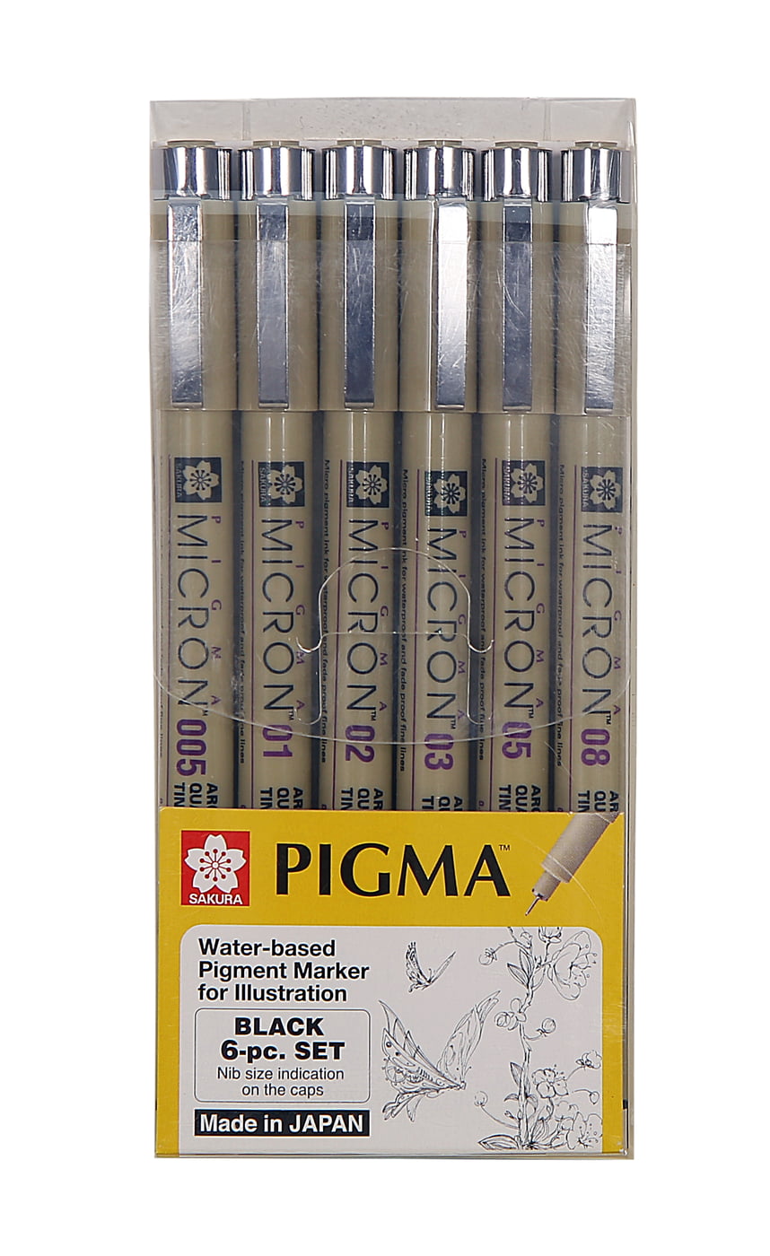 SAKURA PIGMA MICRON FINELINER PENS, SET OF 6 ASSORTED NIB SIZES IN WALLET