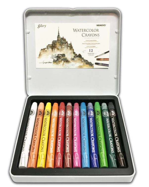MUNGYO GALLERY WATERCOLOR CRAYONS, TIN CASE SET OF 12 ASSORTED COLORS